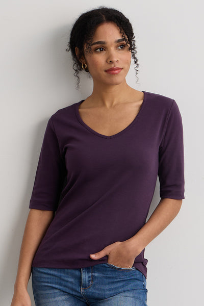 Women's 100% Organic Cotton Elbow Sleeve V Neck Top - Fair Indigo