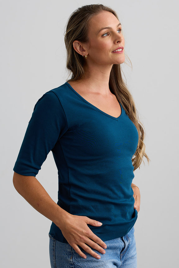 Women's 100% Organic Cotton Elbow Sleeve V Neck Top - Fair Indigo