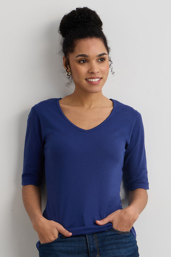 Women's 100% Organic Cotton Elbow Sleeve V Neck Top - Fair Indigo